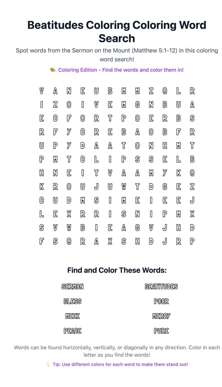 Beatitudes Coloring Word Search - Free Bible Worksheets
