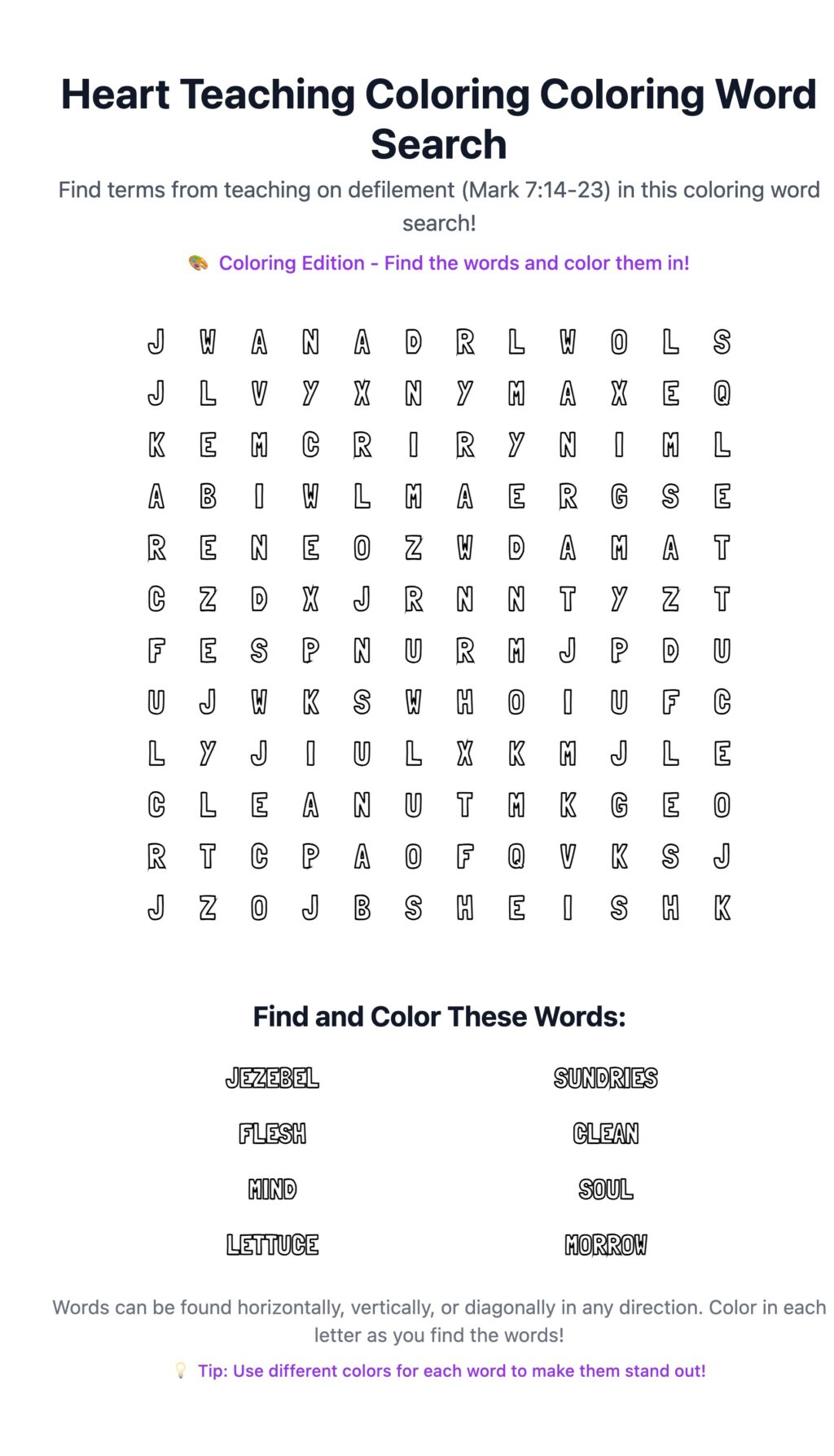 Heart Teaching Coloring Word Search - Free Bible Worksheets
