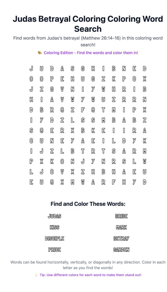 Judas Betrayal Coloring Word Search - Free Bible Worksheets