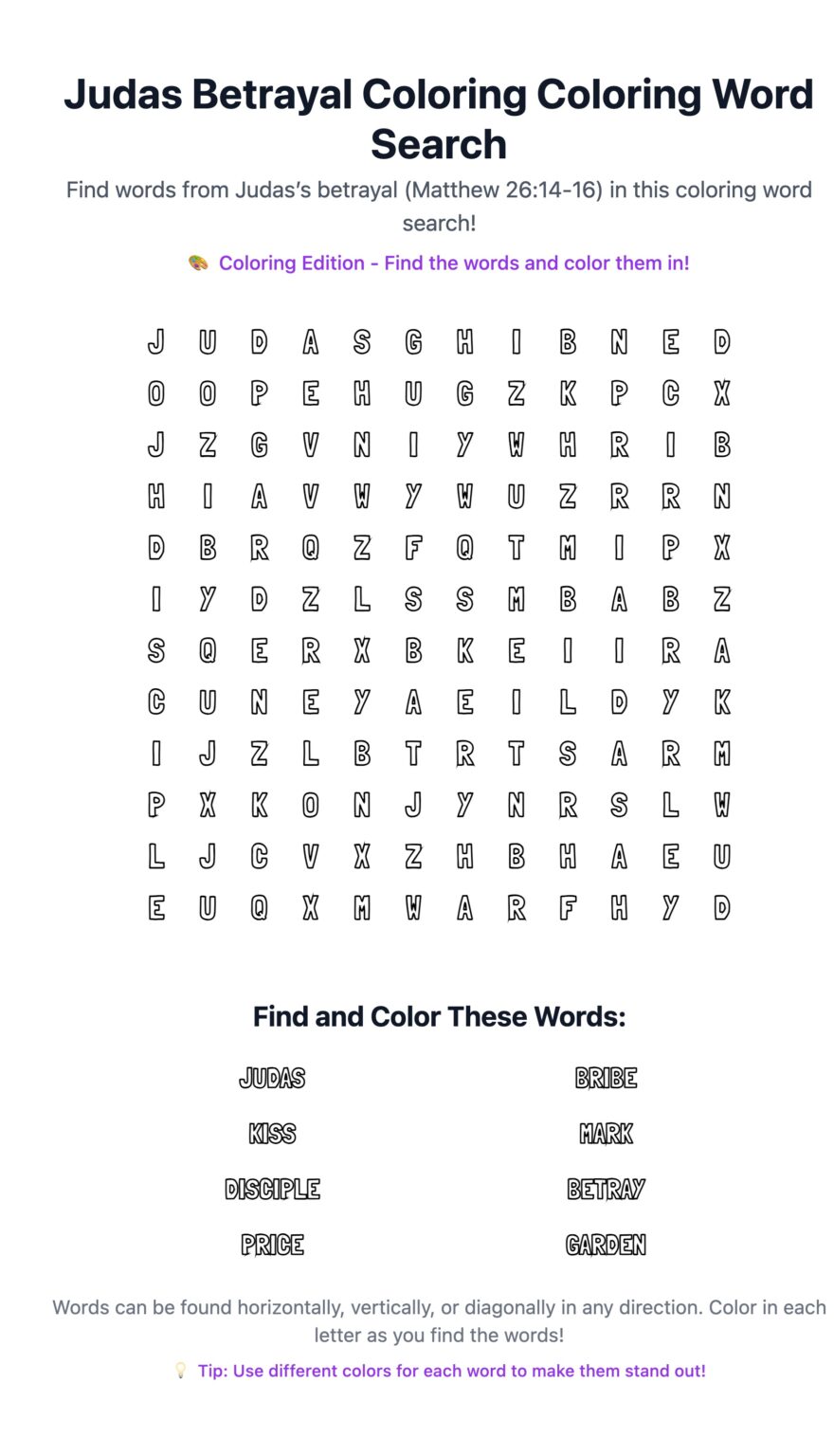 Judas Betrayal Coloring Word Search - Free Bible Worksheets