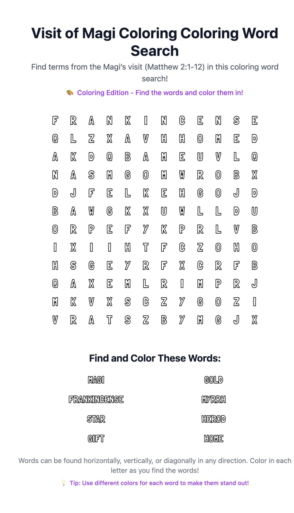 Visit of Magi Coloring Word Search