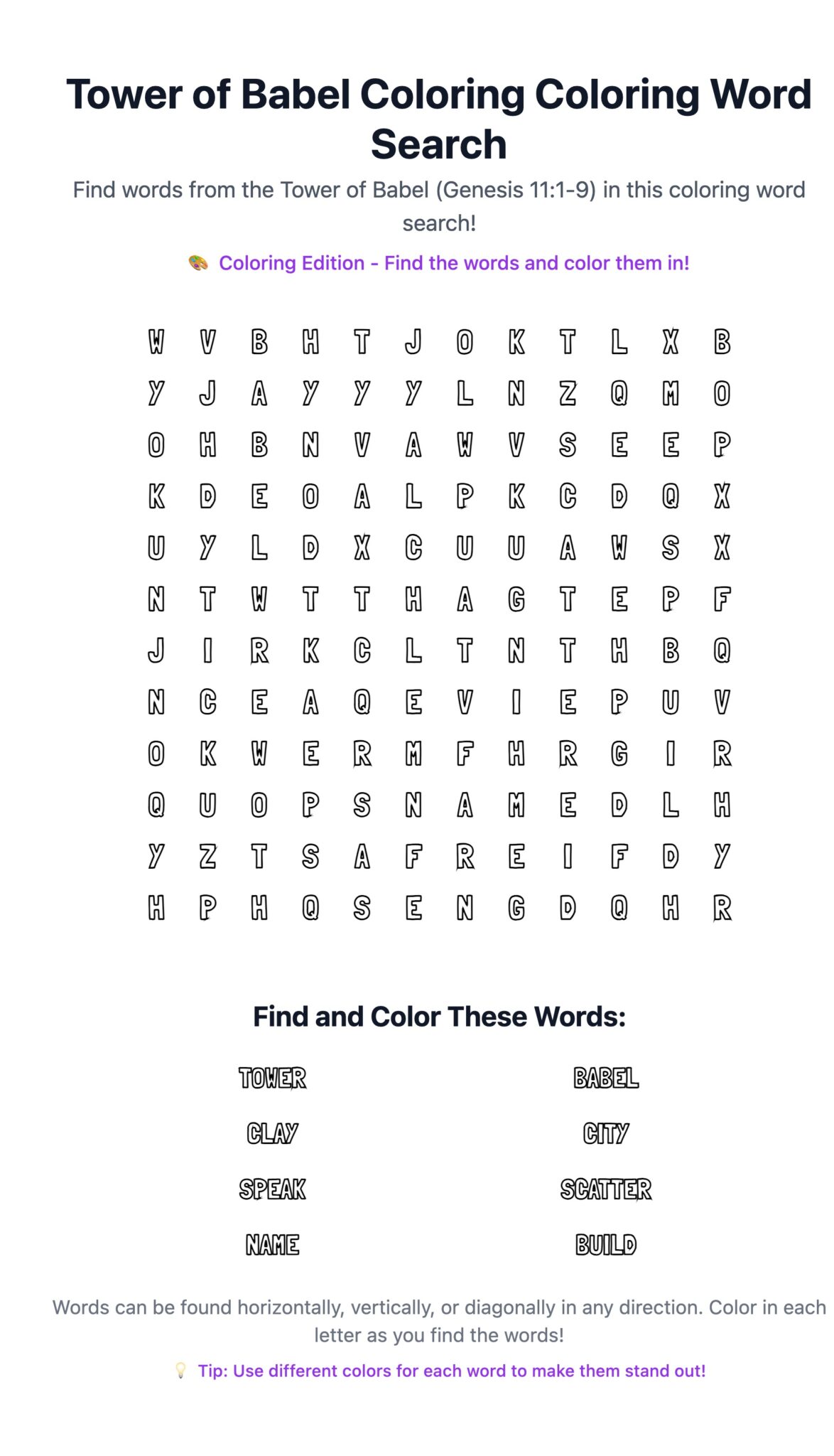Tower of Babel Coloring Word Search