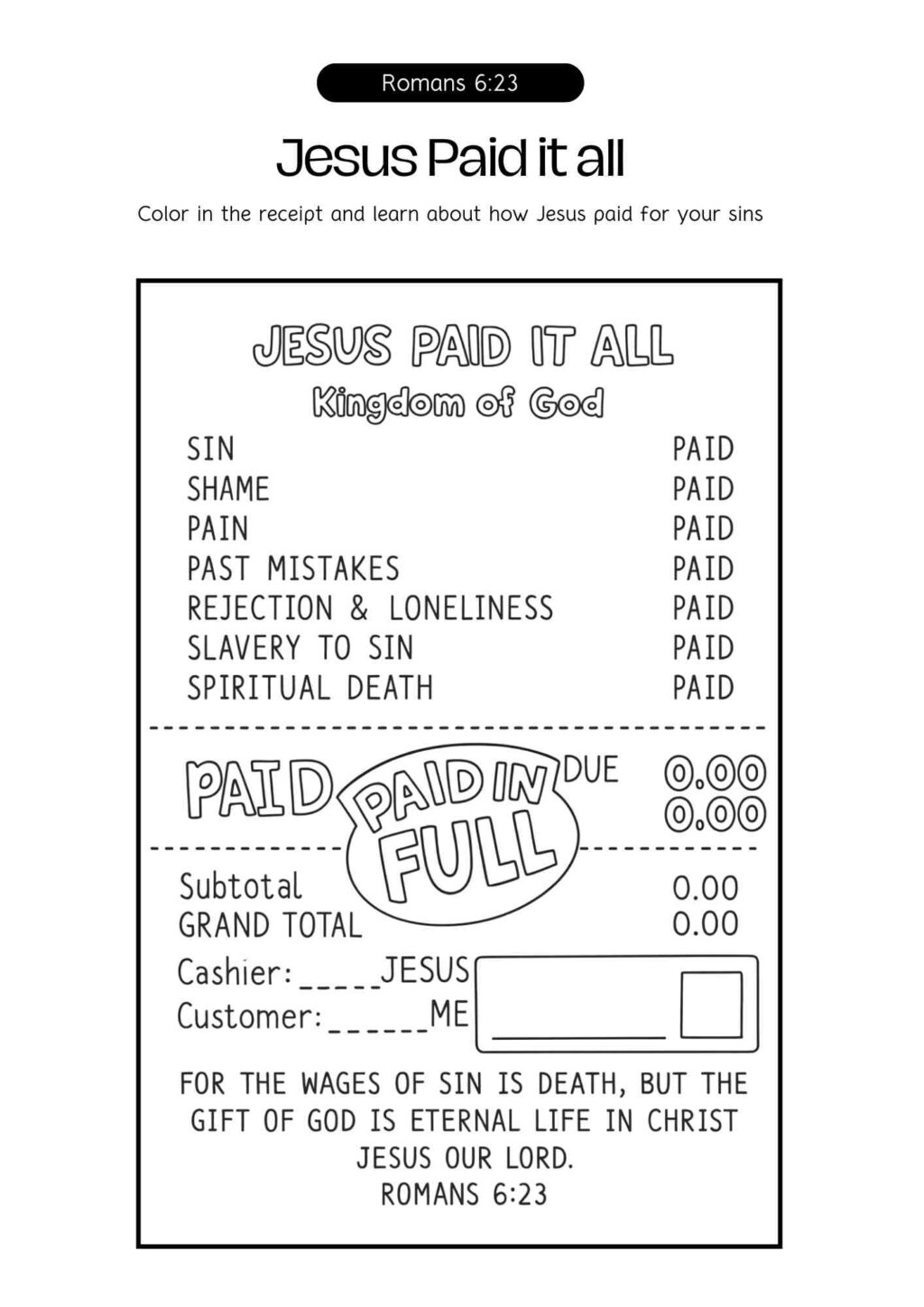 Jesus Paid It All – Free Printable Coloring Page (Romans 6:23) - Free ...