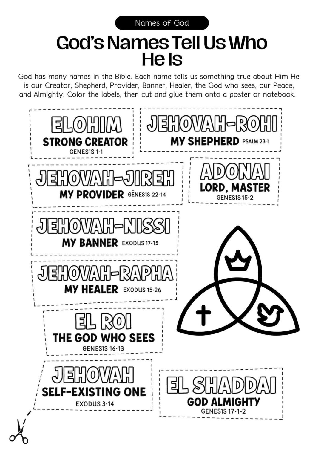 Names of God: Cut & Colour Labels (Free Printable) - Free Bible Worksheets