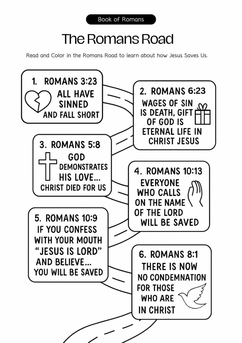 The Romans Road – Free Printable Coloring Page (Book of Romans) - Free Bible Worksheets