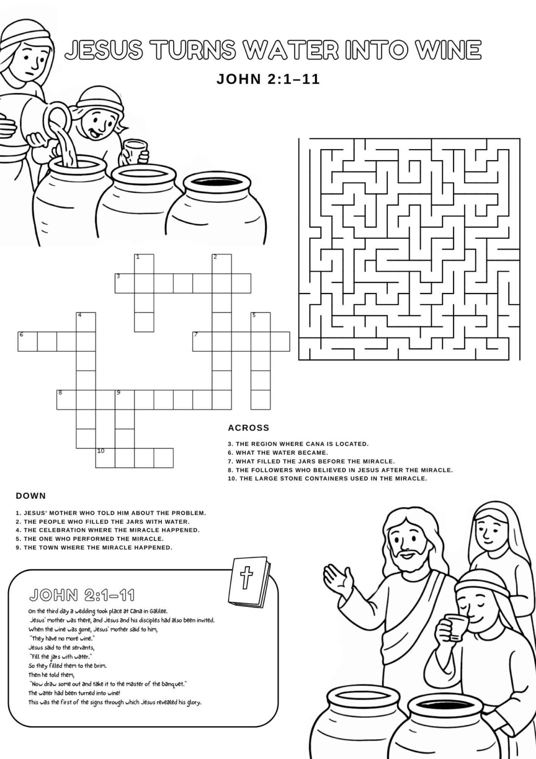 Jesus Turns Water Into Wine Worksheet for Kids - Free Bible Worksheets